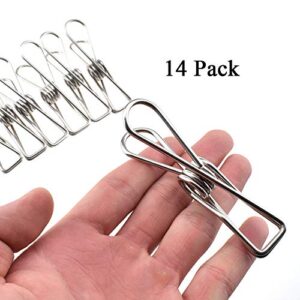 HAHIYO Clothespins Chip Clips All Metal Stainless Steel No Rust Stains Strong Grip in Heavy Wind 3.4 Inches 14 Pack Extra Large Do Not Fall Apart Open Wide for Holding Clothes Snack Bag Clamps