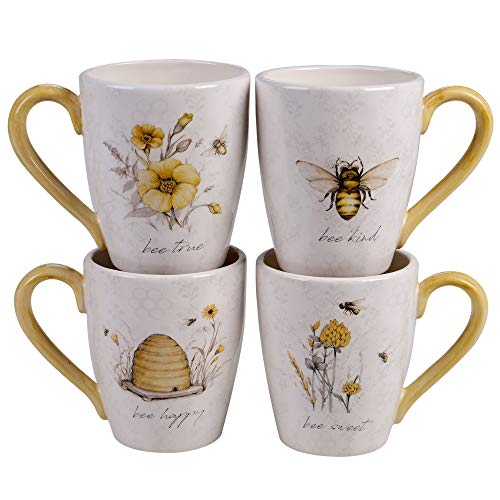 Certified International Bee Sweet 22 oz. Mugs, Set of 4 Assorted Designs, 4 Count (Pack of 1), Multi Colored