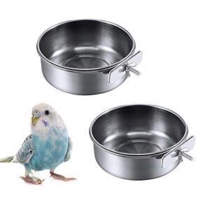 kathson 2 pack bird feeding cups with clamp holder, parrot food & water cage hanging bowl stainless steel coop cup dish feeder for parakeet cockatiels conure budgies lovebird finch