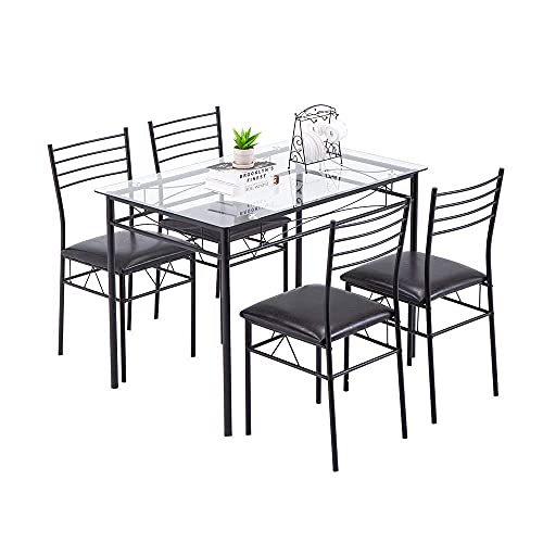 MTFY 5 Piece Dining Room Table Set, Modern Metal Dining Table Set for 4, Kitchen Tempered Glass Table with 4 Leather Chairs, Dining Set of 4 for Kitchen Dining Room (Black)