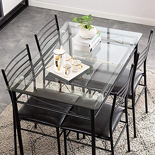 MTFY 5 Piece Dining Room Table Set, Modern Metal Dining Table Set for 4, Kitchen Tempered Glass Table with 4 Leather Chairs, Dining Set of 4 for Kitchen Dining Room (Black)