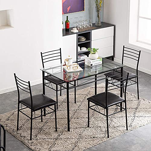 MTFY 5 Piece Dining Room Table Set, Modern Metal Dining Table Set for 4, Kitchen Tempered Glass Table with 4 Leather Chairs, Dining Set of 4 for Kitchen Dining Room (Black)