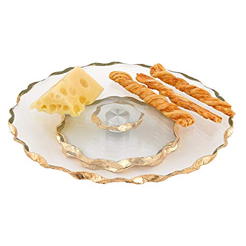 Badash Goldedge Rotating Glass Platter - 13" Hand-Decorated Chiseled Edge Round Lazy Susan Tray for Cake, Pastry, Cookies, Pie - Food-Safe & Great for Entertaining