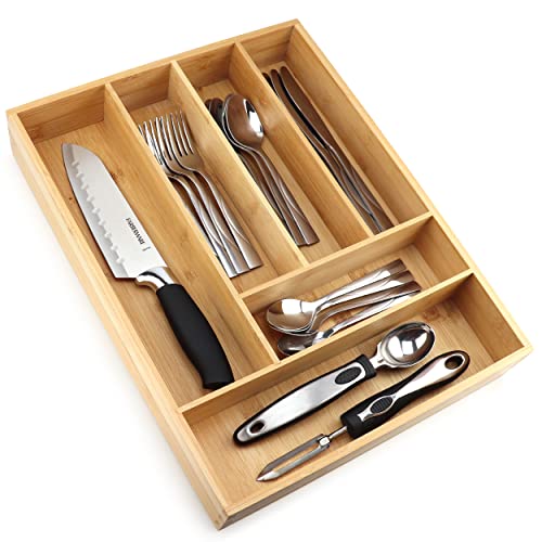 Pristine Bamboo silverware tray organizer– Flatware Utensil Cutlery Silverware Holder for Drawer – Small Extra-Deep Wooden Kitchen Drawer Organizer Divider for Spoons Forks Knives cutleries (6-Slots)