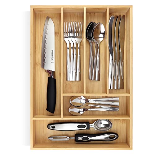 Pristine Bamboo silverware tray organizer– Flatware Utensil Cutlery Silverware Holder for Drawer – Small Extra-Deep Wooden Kitchen Drawer Organizer Divider for Spoons Forks Knives cutleries (6-Slots)