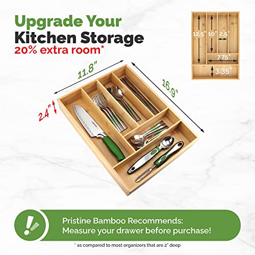 Pristine Bamboo silverware tray organizer– Flatware Utensil Cutlery Silverware Holder for Drawer – Small Extra-Deep Wooden Kitchen Drawer Organizer Divider for Spoons Forks Knives cutleries (6-Slots)