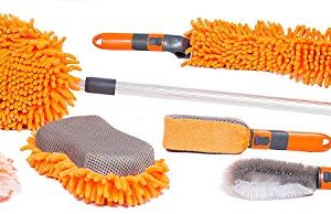 BIRDROCK HOME Car Wash Kit - Microfiber Cleaner - Tire Wheel Brush - Sponge - Duster - Extendable Cleaning Tool - Detailing Set