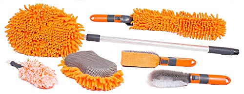 BIRDROCK HOME Car Wash Kit - Microfiber Cleaner - Tire Wheel Brush - Sponge - Duster - Extendable Cleaning Tool - Detailing Set