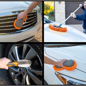 BIRDROCK HOME Car Wash Kit - Microfiber Cleaner - Tire Wheel Brush - Sponge - Duster - Extendable Cleaning Tool - Detailing Set