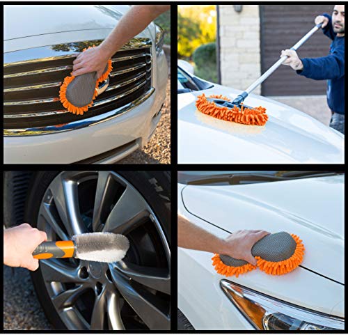 BIRDROCK HOME Car Wash Kit - Microfiber Cleaner - Tire Wheel Brush - Sponge - Duster - Extendable Cleaning Tool - Detailing Set