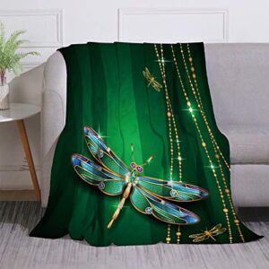 miblor gorgeous jewel dragonfly on green background plush throw blanket for kids adults lightweight super soft warm fleece blanket for bed couch sofa (60 x 80 inches)