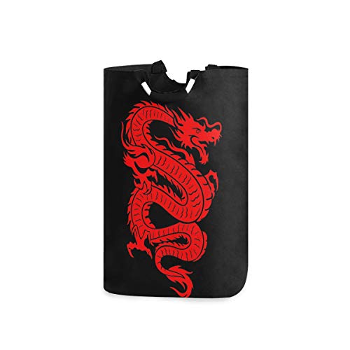 YYZZH Red Chinese Dragon On Black Large Laundry Bag Basket Shopping Bag Collapsible Polyester Laundry Hamper Foldable Clothes Bag Folding Washing Bin