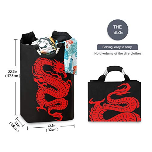 YYZZH Red Chinese Dragon On Black Large Laundry Bag Basket Shopping Bag Collapsible Polyester Laundry Hamper Foldable Clothes Bag Folding Washing Bin