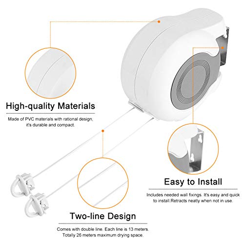 Retractable Clothesline Outdoor Heavy Duty Clothesline kit PVC Retractable Clothes Dryer Line Wall Mounted Clothesline Outdoor and Indoor Shower Clothesline 2X42 Feet, White