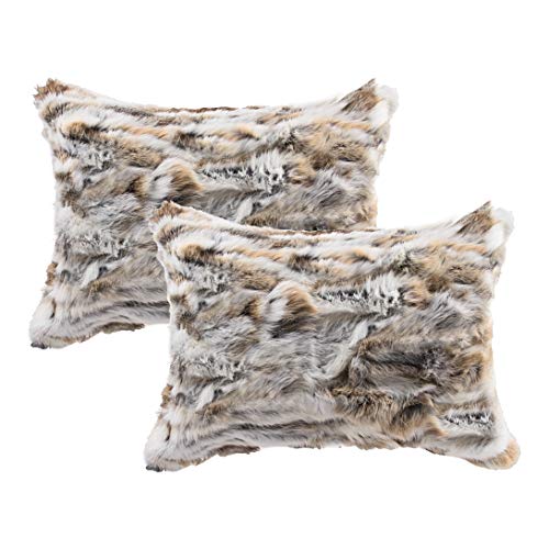 Set of 2, Natural Fur Throw Pillow Cover with Soft Poly Insert | Handcrafted Fluffy Decorative Pillow with Real Rabbit Fur, Tan/White, 12 in x 20 in