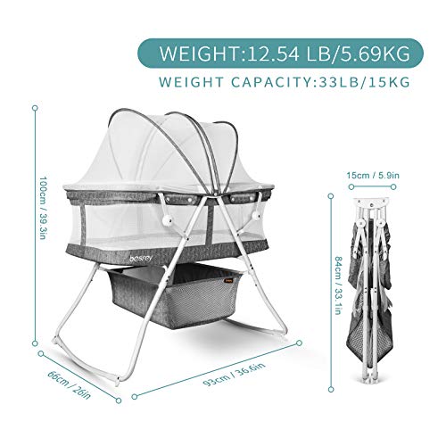 besrey Bassinet for Baby, 3 in 1 Portable Baby Bassinets, Rocking Cradle Bed, Easy Folding Bedside Sleeper Crib, Quick-Fold for Newborn Infant, up to 33 lb Compact Storage, Mattress and Net Included