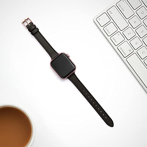 STIROLL Slim Leather Bands Compatible with Apple Watch Band 38mm 40mm 41mm 42mm 44mm 45mm 49mm,Top Grain Leather Watch Thin Wristband for iWatch Ultra SE Series 8/7/6/5/4/3/2/1(Black with Rose Gold)