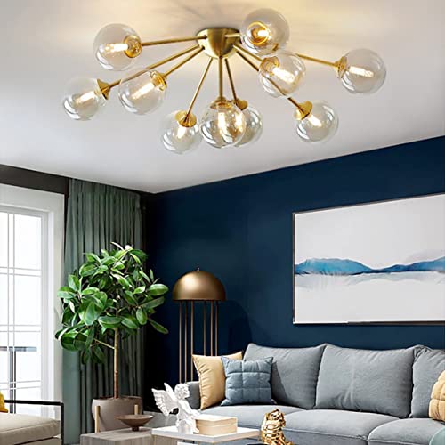 KCO Lighting Glass Ceiling Light Modern 10-Light Glass Chandeliers Mid Century Brass Close to Ceiling lamp for Bedroom Living Room (10 Lights)