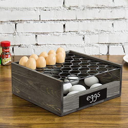 MyGift Vintage Gray Wood Egg Tray Holder with Black Metal, 2 Tier Egg Storage Tray with Erasable Chalkboard Label