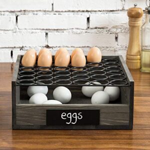 MyGift Vintage Gray Wood Egg Tray Holder with Black Metal, 2 Tier Egg Storage Tray with Erasable Chalkboard Label