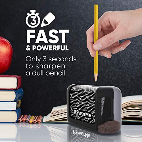 POWERME Electric Pencil Sharpener - Pencil Sharpener Battery Powered for Kids, School, Home, Office, Classroom, Artists – Battery Operated Pencil Sharpener For Colored Pencils, Ideal For No. 2 (Black)