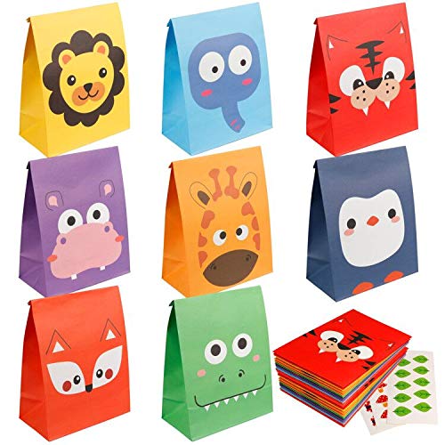 Mocoosy 24 Pieces Animal Party Favor Bags - Kids Goodie Bags for Birthday Party, Animal Candy Treat Bags Colorful Party Paper Gift Bags for Jungle Safari Theme Birthday Party Baby Shower Supplies