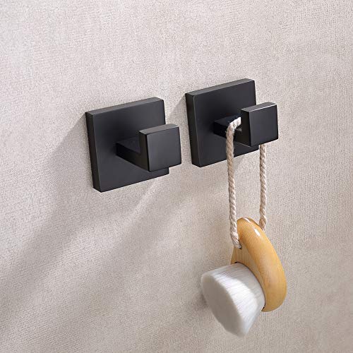 TASTOS Bath Towel Hooks Matte Black, 2 Pack Stainless Steel Robe Coat and Clothes Hook, Heavy Duty Wall Hook for Bathroom & Kitchen, Modern Square Style Wall Mounted (Black)