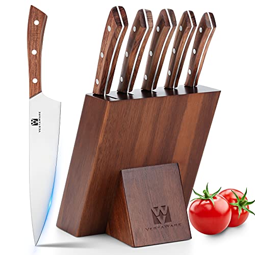 Vestaware Knife Set, 6-Piece Kitchen Knife Set with Block Japanese HC Steel Chef Knife Set Professional, Forged Knives Set with Block Wooden