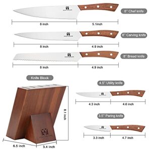 Vestaware Knife Set, 6-Piece Kitchen Knife Set with Block Japanese HC Steel Chef Knife Set Professional, Forged Knives Set with Block Wooden