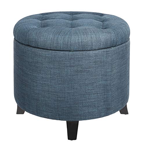 FIRST HILL FHW Round Storage Ottoman with Removable Lid Blue fabric