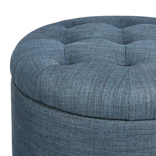 FIRST HILL FHW Round Storage Ottoman with Removable Lid Blue fabric