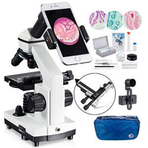 microscope for kid student adult, 100x-2000x compound monocular microscope with mechanical platform slides set, phone adapter for school home education