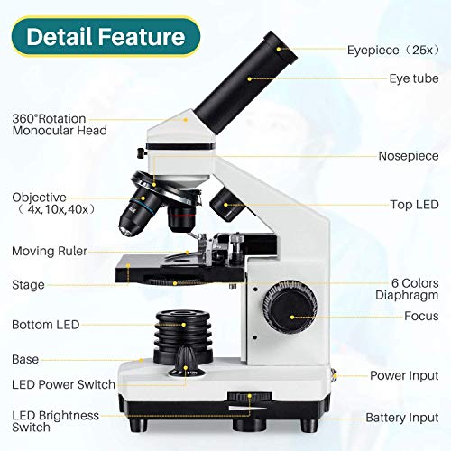 Microscope for Kid Student Adult, 100X-2000X Compound Monocular Microscope with Mechanical Platform Slides Set, Phone Adapter for School Home Education