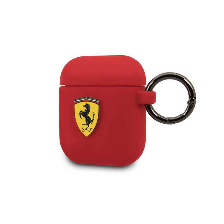 Ferrari AirPods Case Cover in Red On Track with Ring Slot, Compatible with Apple AirPods 1 and AirPods 2, Silicone Protective Hard Case, Shockproof, Wireless Charging, and Signature Metal Logo