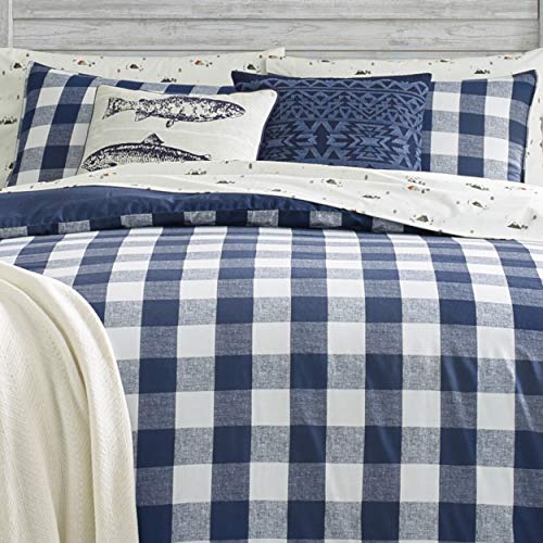 Eddie Bauer - Queen Comforter Set, Reversible Cotton Bedding with Matching Shams, Stylish Plaid Home Decor (Lakehouse Blue, Queen)