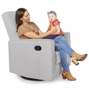 evolur raleigh upholstered plush seating glider swivel, recliner, glider for nursery in misty grey, greenguard gold certified, modern nursery recliner, environmentally conscious glider