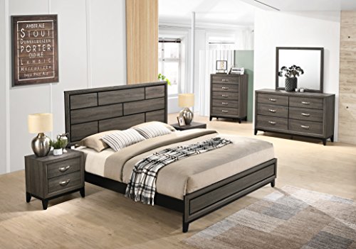 Roundhill Furniture Stout Panel Queen Size Bedroom Set with Bed, Dresser, Mirror, 2 Night Stands, Chest, Grey