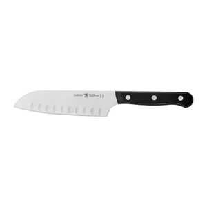 henckels solution razor-sharp 5.5-inch hollow edge santoku knife, german engineered informed by 100+ years of mastery, black/stainless steel