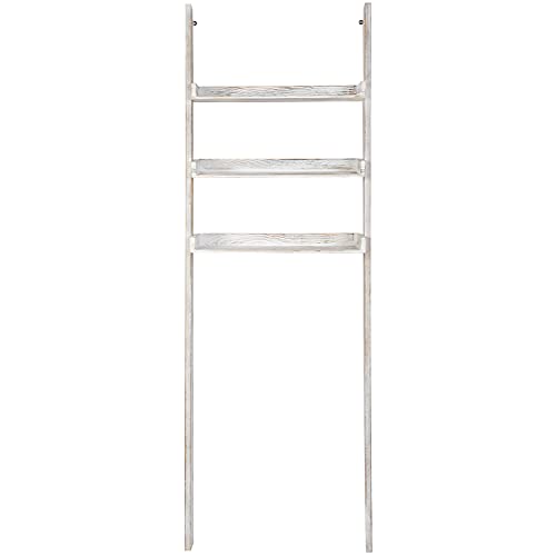 MyGift Over-The-Toilet Storage Shelves, 3-Tier Rustic Whitewashed Wood Leaning Bathroom Ladder Shelf