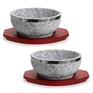 mdluu 2 pcs dolsot bibimbap bowl 32 oz, granite stone bowl with wood base, dolsot pot for korean soup, rice and stew