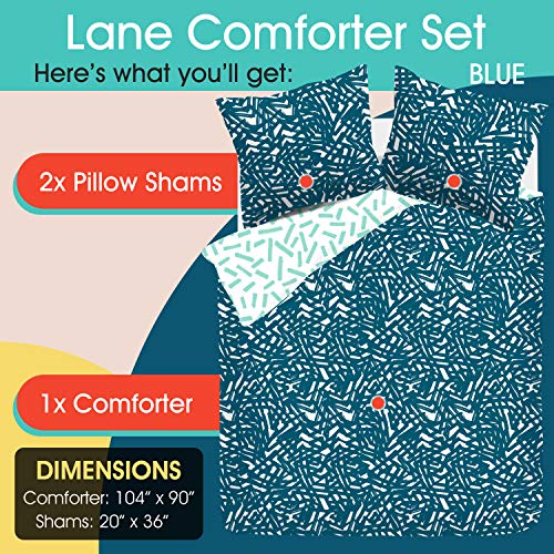 Refinery29 | Lane Bedding Collection | Modern Reversible Luxury Ultra Soft Cotton Comforter, All Season Premium 4 Piece Set, Design for Home Hotel Decor (King, Blue)