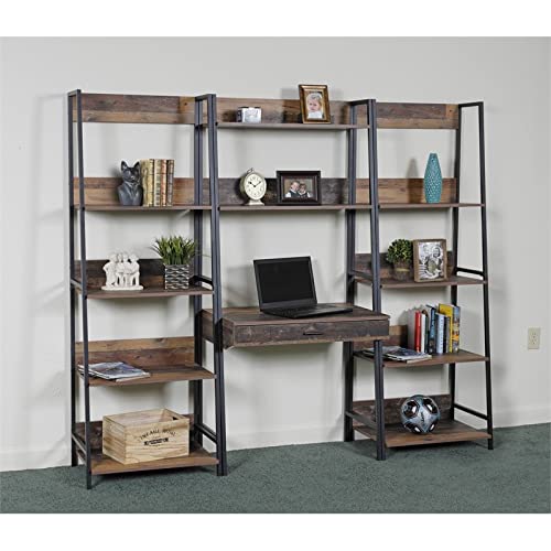 OS Home and Office ladder bookcase with desk, Rustic Planked Knotty Pine