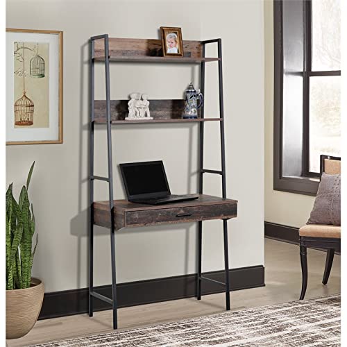 OS Home and Office ladder bookcase with desk, Rustic Planked Knotty Pine