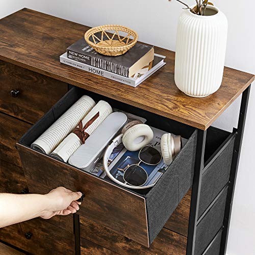 SONGMICS Dresser for Bedroom, Chest of Drawers, 6 Drawer Dresser, Closet Fabric Dresser with Metal Frame, Wooden Top and Front, Brown and Black ULGS23H