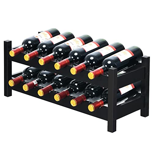 HAPPYGRILL Wine Rack, Free Standing 12 Bottles 2-Tier Wine Display Rack, Bamboo Wine Storage Rack Tabletop Wine Rack, Brown