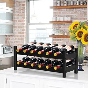 HAPPYGRILL Wine Rack, Free Standing 12 Bottles 2-Tier Wine Display Rack, Bamboo Wine Storage Rack Tabletop Wine Rack, Brown