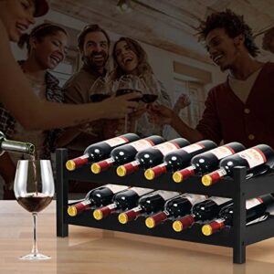 HAPPYGRILL Wine Rack, Free Standing 12 Bottles 2-Tier Wine Display Rack, Bamboo Wine Storage Rack Tabletop Wine Rack, Brown