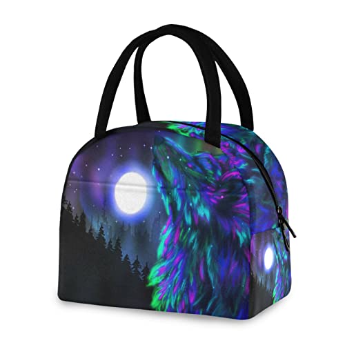 ZZKKO Colorful Moon Wolf Lunch Bag Box Tote Organizer Lunch Container Insulated Zipper Meal Prep Cooler Handbag For Women Men Home School Office Outdoor Use