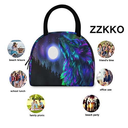 ZZKKO Colorful Moon Wolf Lunch Bag Box Tote Organizer Lunch Container Insulated Zipper Meal Prep Cooler Handbag For Women Men Home School Office Outdoor Use