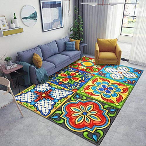 Mexican Talavera Ceramic Tile Pattern Ethnic Folk Ornament Italian Area Rugs Floor Mat Non Slip Throw Rugs Soft Door Mat Nursery Carpet for Living Room Home Indoor Outdoor Runner Rugs Yoga Mat